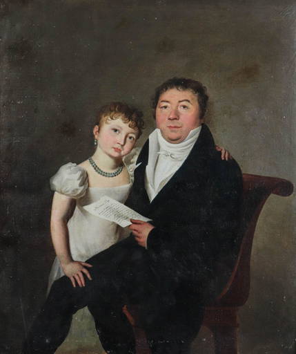 19th C Portrait Painting Of Father And Daughter