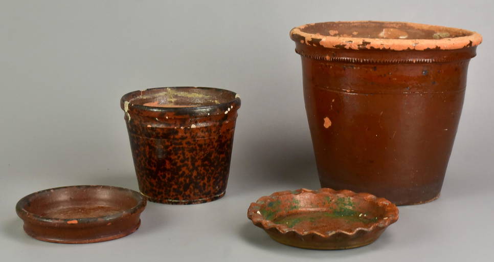 Manganese Glazed Redware Flower Pots And Underplate