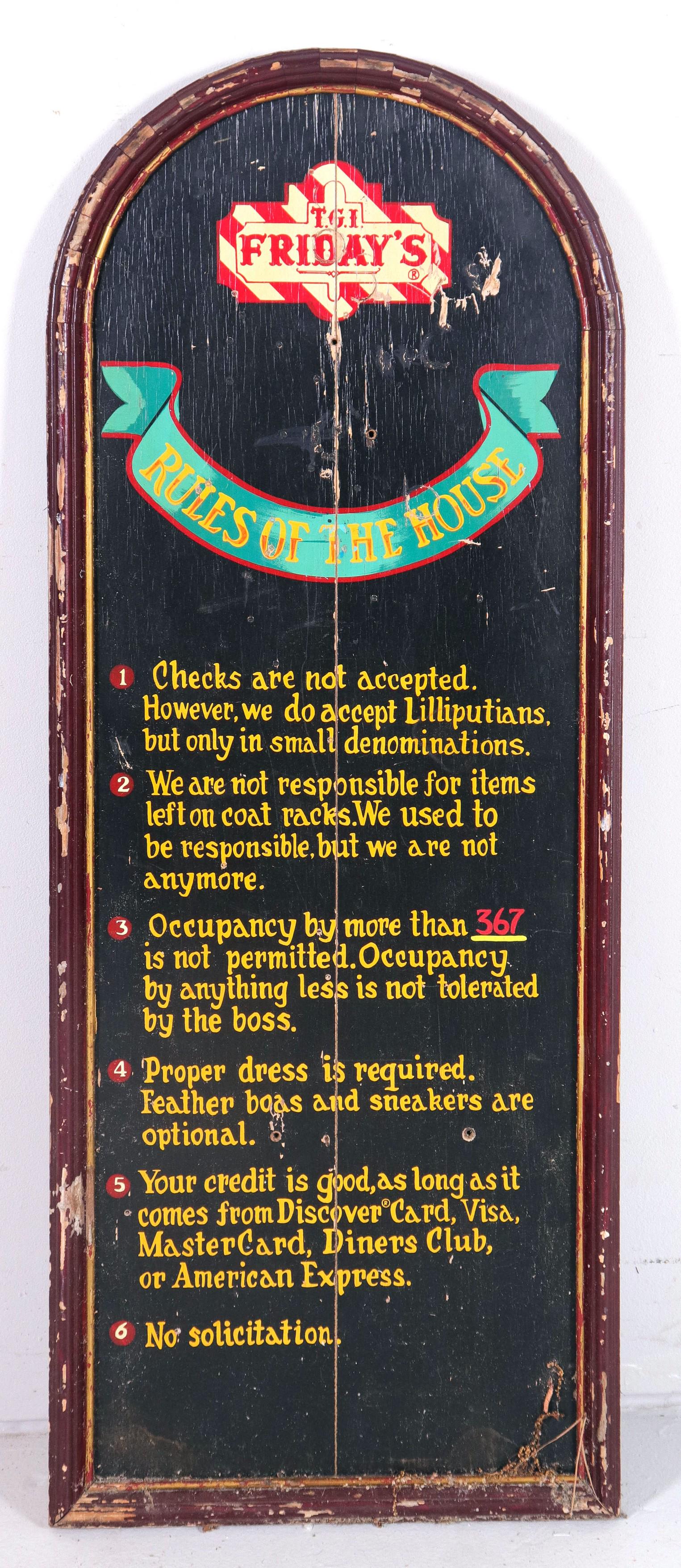 Tgi Fridays Wood Painted "rules Of House" Sign