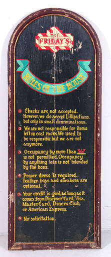 Tgi Fridays Wood Painted "rules Of House" Sign
