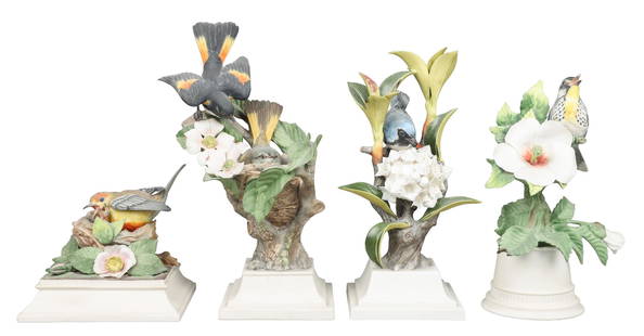 Six Porcelain Bisque Animal Figurines: Four Boehm Baby Bird Figures