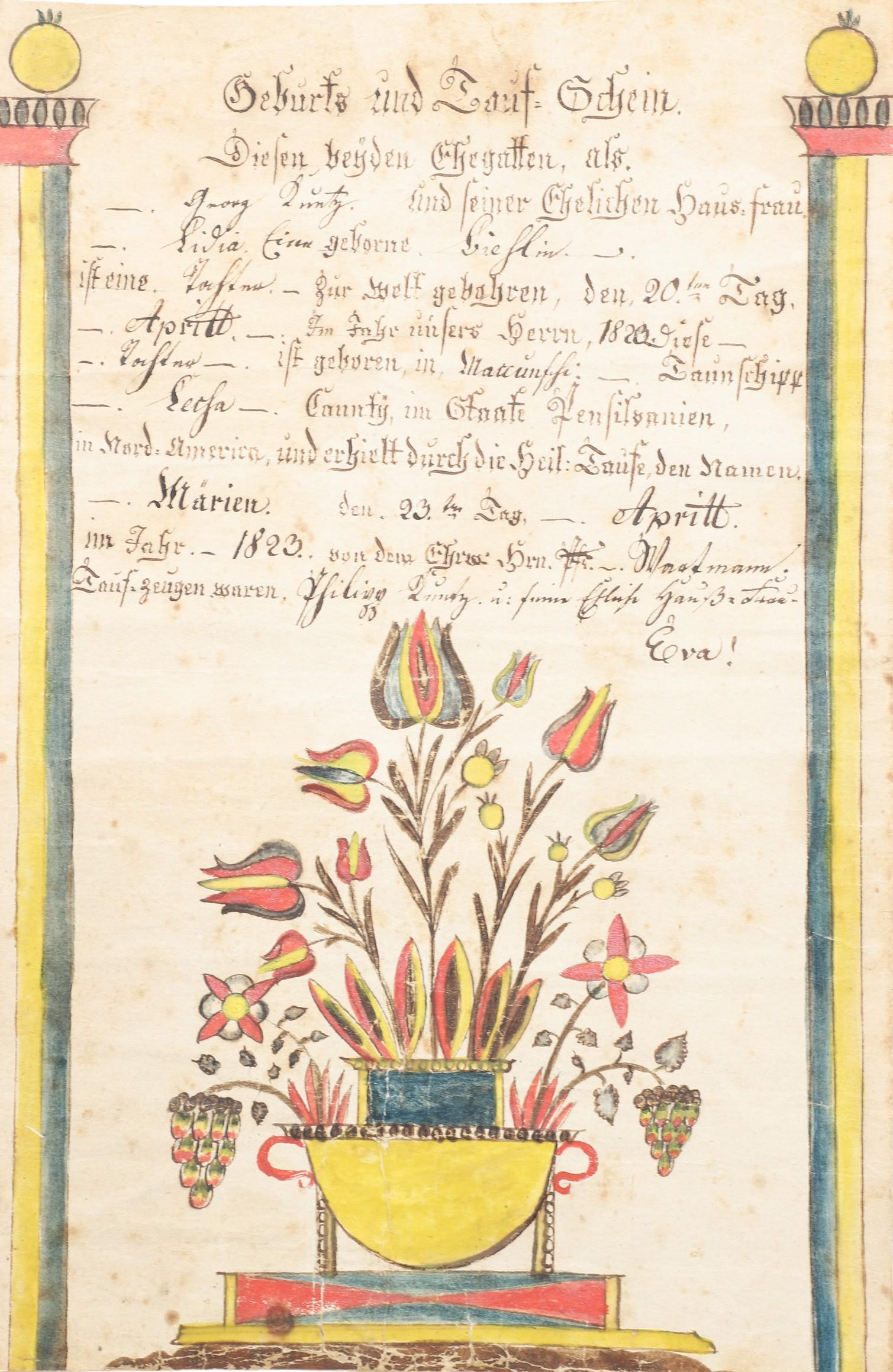 1823 PA German Tauf Schein - Mar 14, 2023 | William Bunch Auctions ...