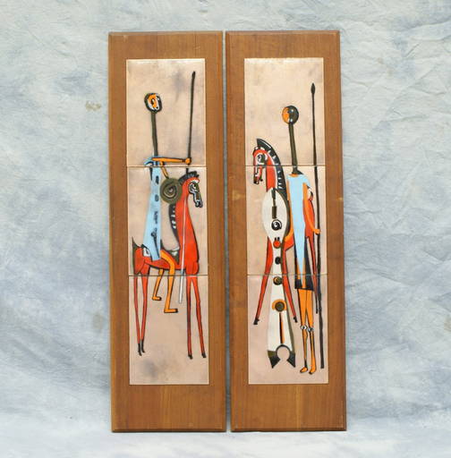 Heva, 20th C, Enamel On Copper Tiles, Triptych Of