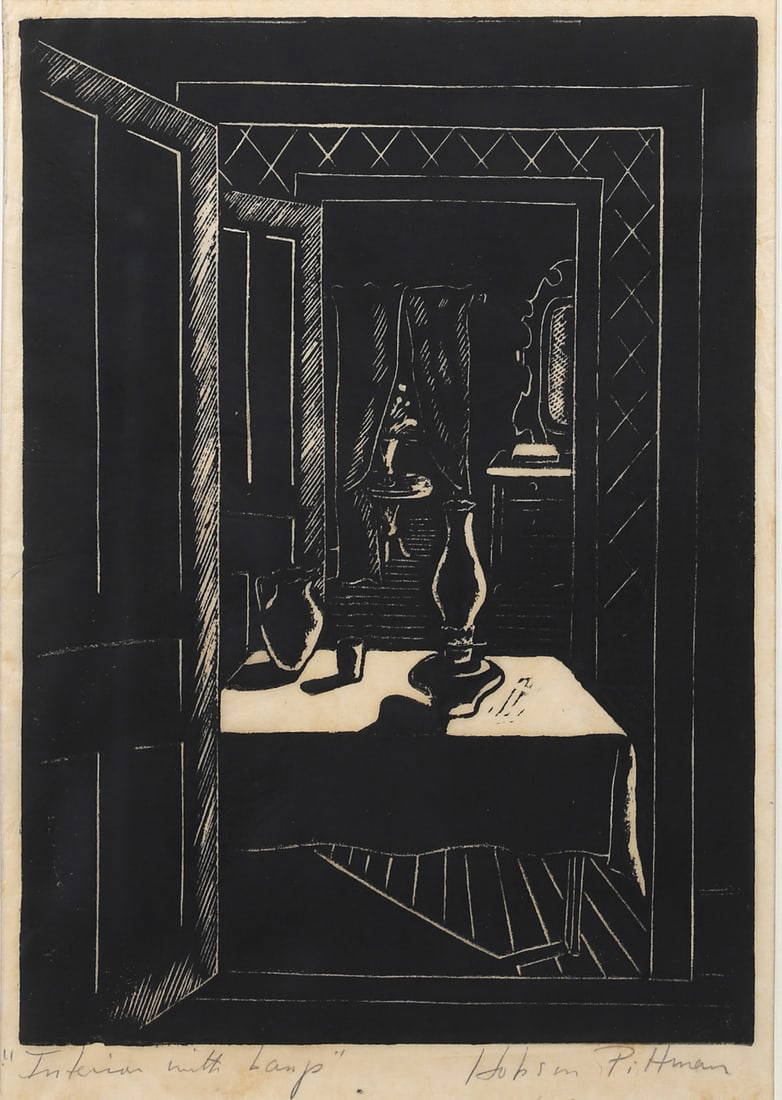 Hobson Pittman Woodcut "interior With Lamp" Auction