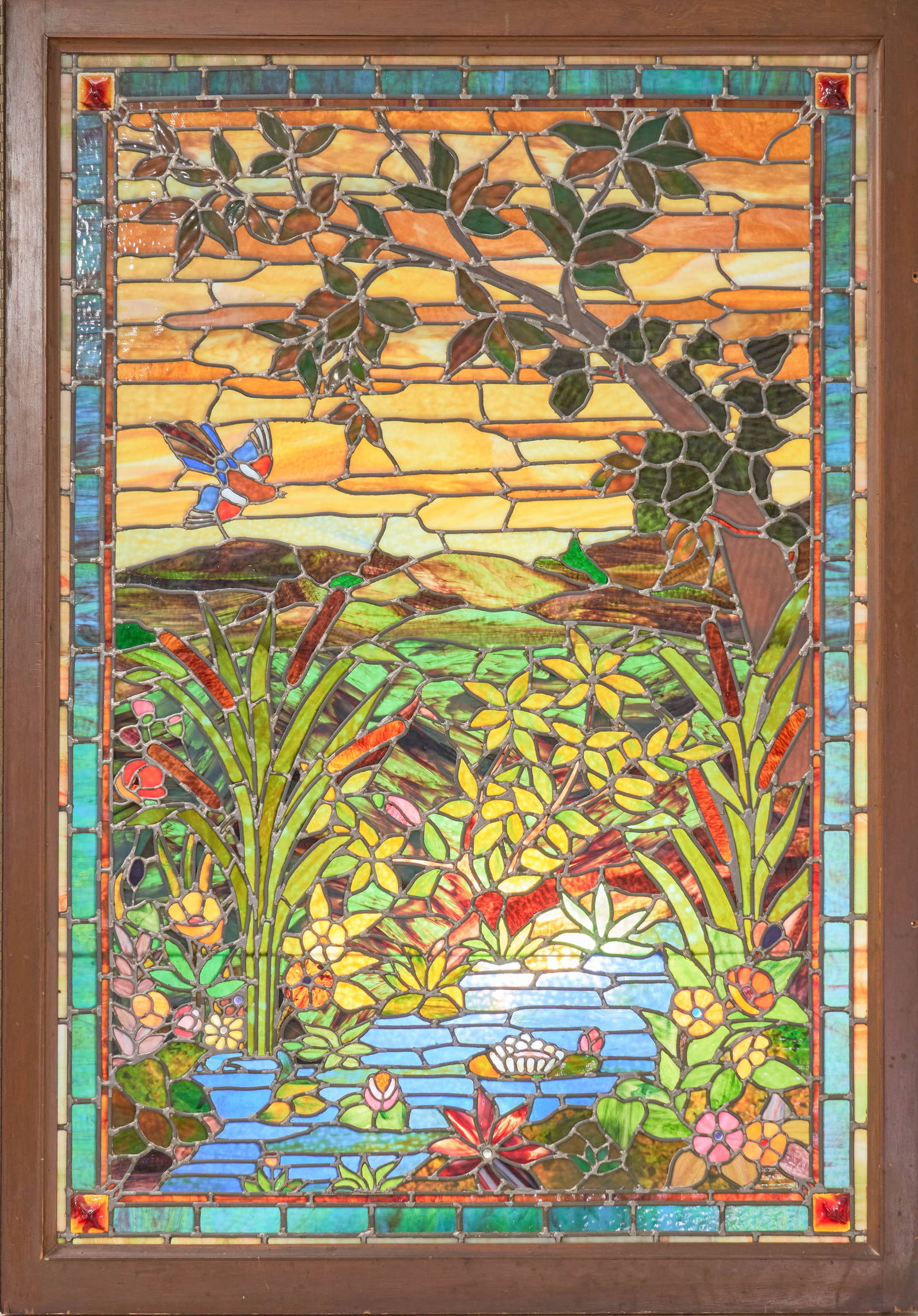 Monumental Stained Glass Window Depicting A Wetlands Landscape Auction