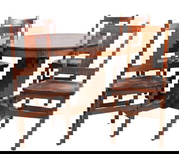 Limberts Mission Oak Round Dining Table With Six D