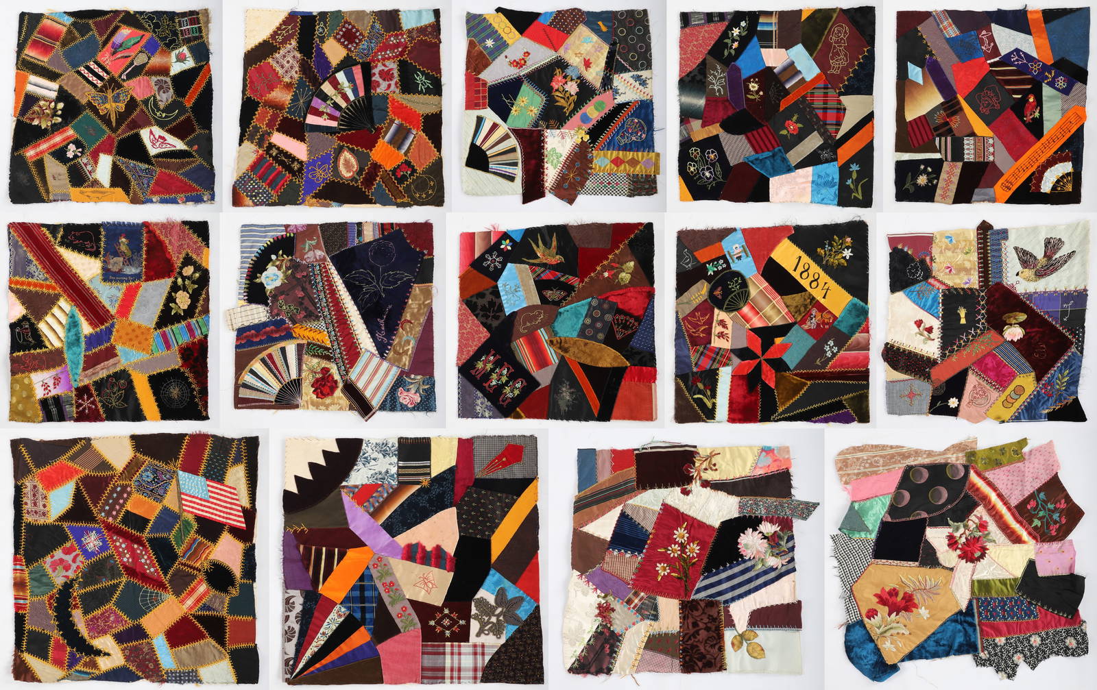 (14) Victorian Crazy Quilt Squares Auction