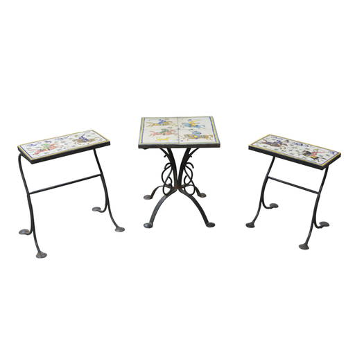 3 Pc Wrought Iron And Tile Patio Table