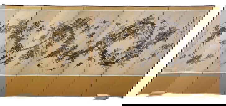 Korean 10-panel Ink On Paper Grapevine Screen Auction
