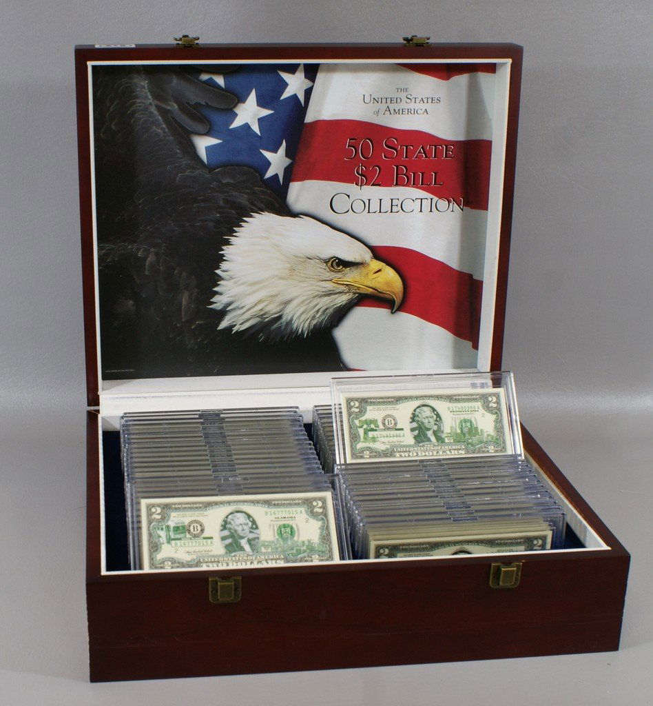 A "50 State Two Dollar Bill Collection" in a large comm