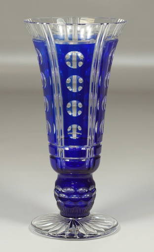 Val St Lambert Blue Cut To Clear Footed Vase, 9 3/4" H