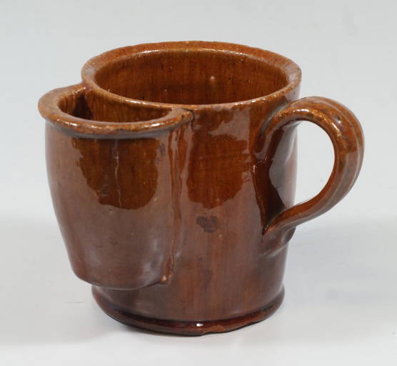 Glazed Redware Mustache Cup, 4 1/4" Tall, Small Flakes