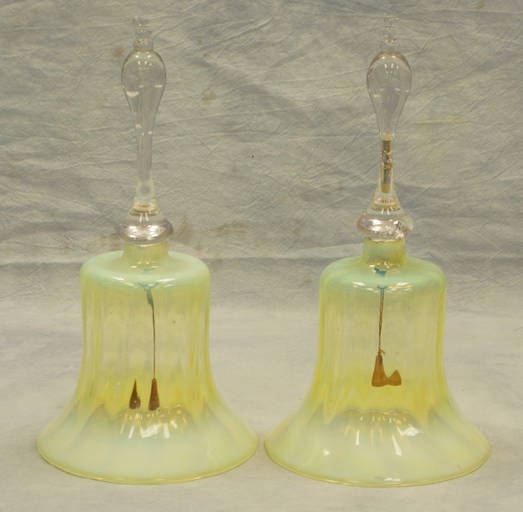 Pair Of Yellow Glass Victorian Wedding Bells Late