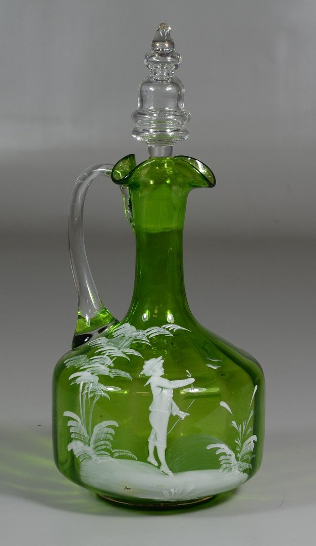 Mary Gregory Enameled Green Glass Pitcher With Stopper,