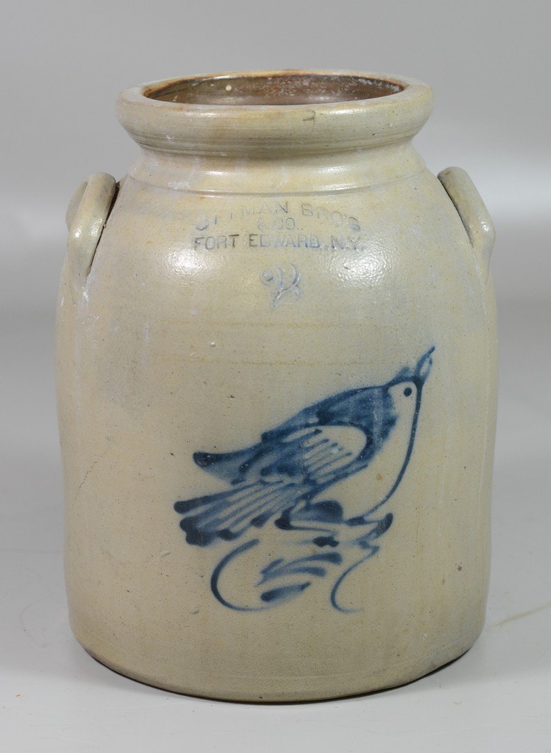 3 Gallon Blue Bird Decorated Stoneware Crock, Signed