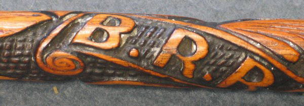 Carved Wood J Handle Walking Stick With Carved Ins