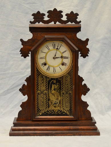Waterbury Walnut Victorian Shelf Clock, Cast Brass