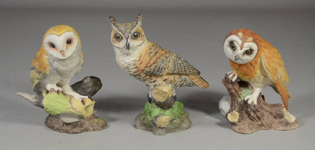 (3) Boehm Porcelain Owl Figurines, Barn Owl, Great