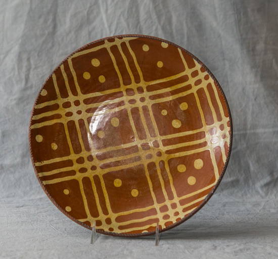 Glazed Redware Pie Plate With Yellow Slip Decoration,