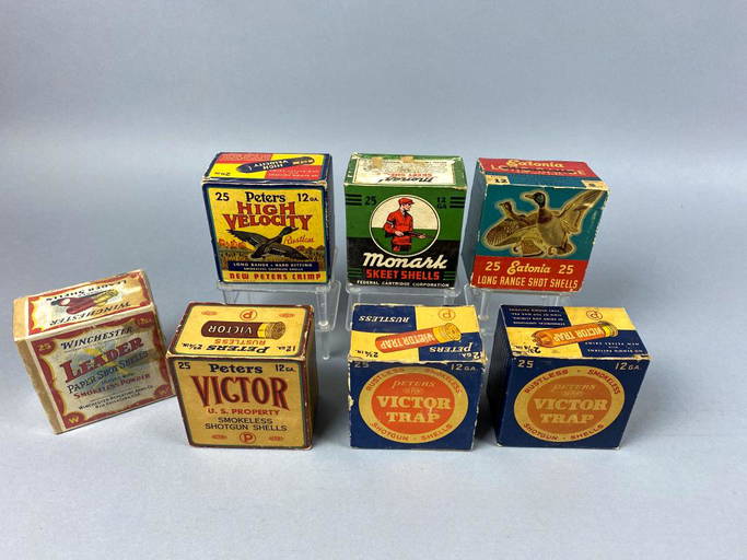 7 Empty Vintage Shotgun Shell Boxes, 1 Winchester 12ga,