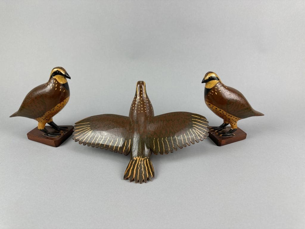3 Vintage Hand Carved Quail Auction