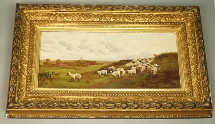 Sheep In Pasture Vintage Oil Painting. Shepherd A