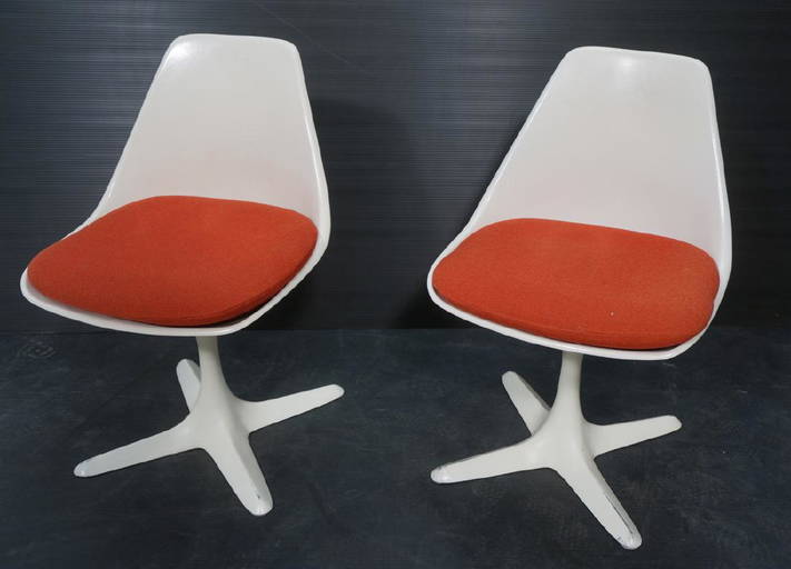 Pr Burke Swivel White Shell Dining Chairs. Molded