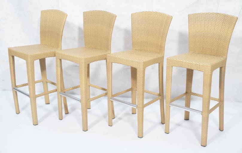 Set 4 Dedon Tan Woven Patio Modernist Bar Stools.