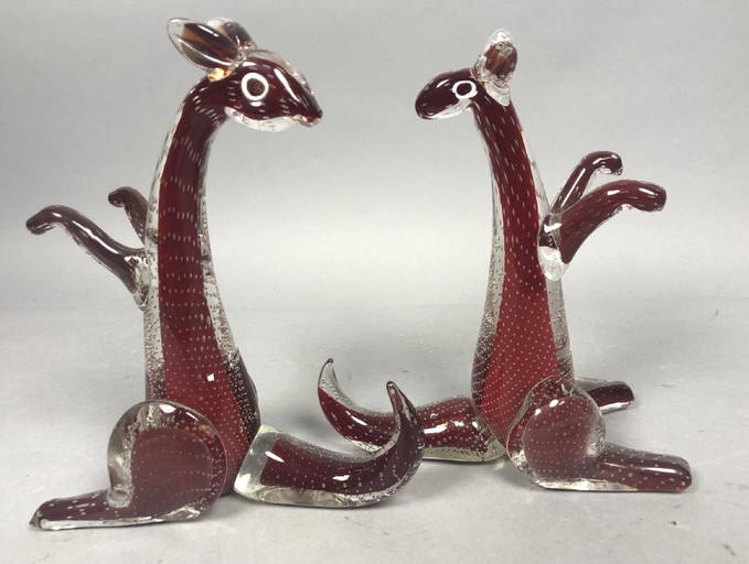 Pr Art Glass Figural Kangaroos. Urano Glass. Case