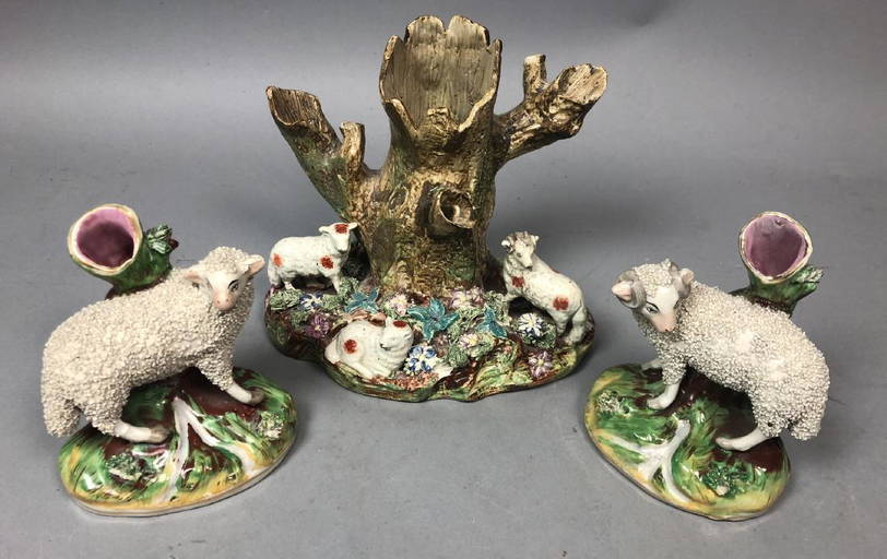 3 Staffordshire English Sheep Lamb Spill Vases. P