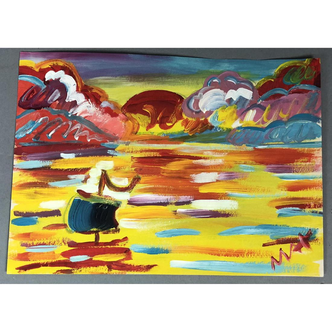 PETER MAX Signed Acrylic Painting. Boat on lake.
