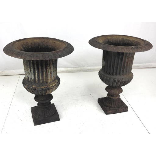 Pair Cast Iron Fluted Urns With Flared Rims. Pla
