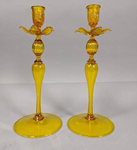 Pr Amber Glass Hand Blown Candle Sticks. Tall For