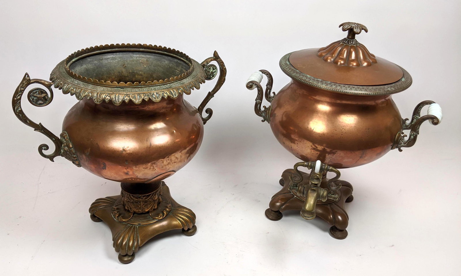 Pr Antique Tabletop Urns. One Has Spigot With Glass Han