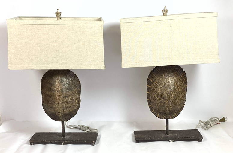 Pair Of Decorator Natural Turtle Shell Table Lamps