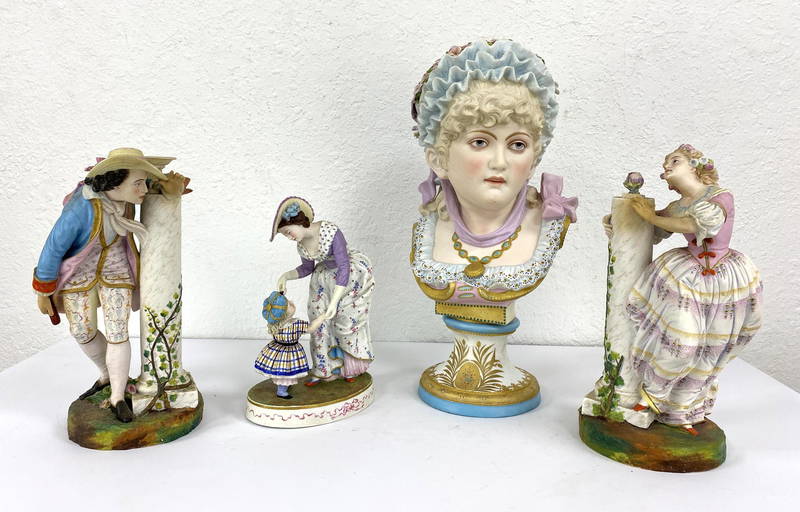 4pc Continental Bisque Figural Groups. Bisque Bust On P