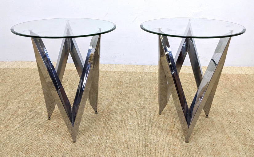 Pr Chrome Chevron Design Side Tables. Angled Form. Roun