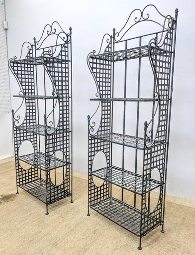 Pr Metal Lattice Work Baker's Racks. Pine Cone Finials.