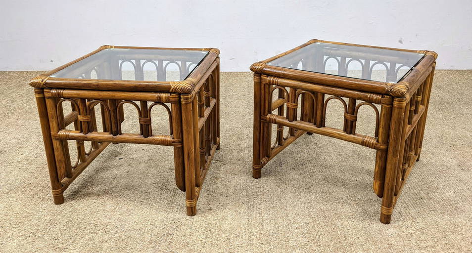 Pr Glass Top Rattan Side End Tables. Wrapped Joints And