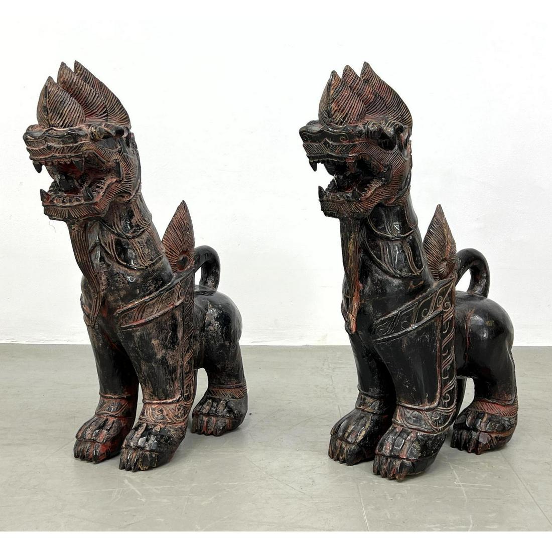 Pr Carved Wood Asian Dragons Guards Figures. Black and Red Paint Finish ...