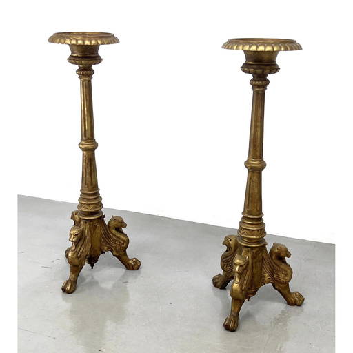 Pair heavy Lion footed Iron candle holders gold painted. Pricket stands ...