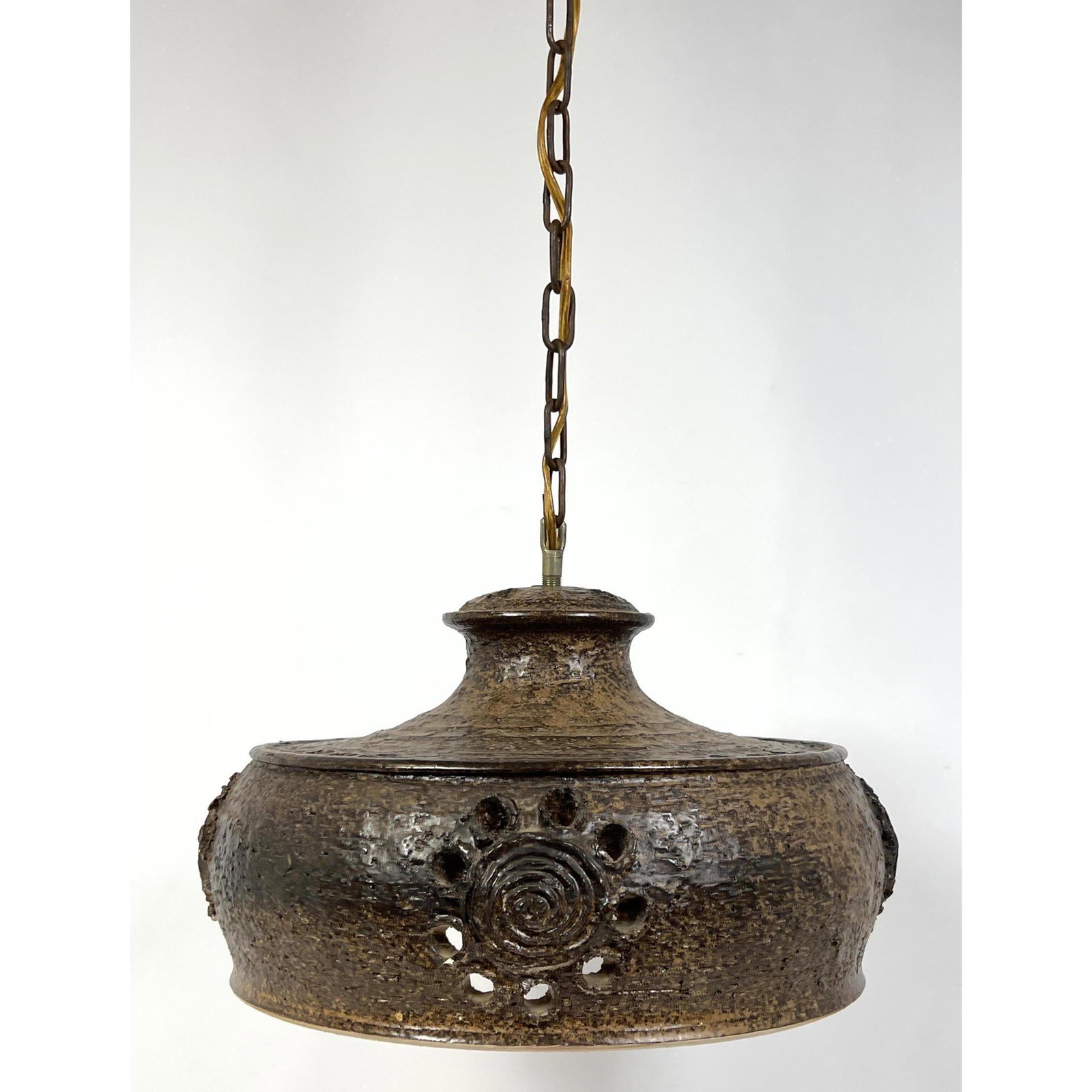 Danish pottery chandelier. Relief incised design with perforated ...