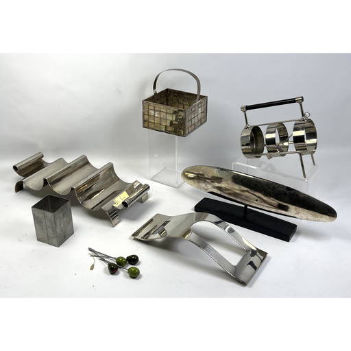 Mid Century Modern Lot. Silver Plate Bottle Holders, Vass Sculpture ...