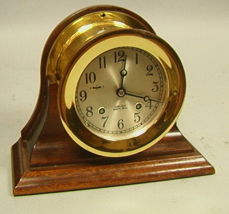 Chelsea Brass Ships Bell Clock In Wood Stand. Ha