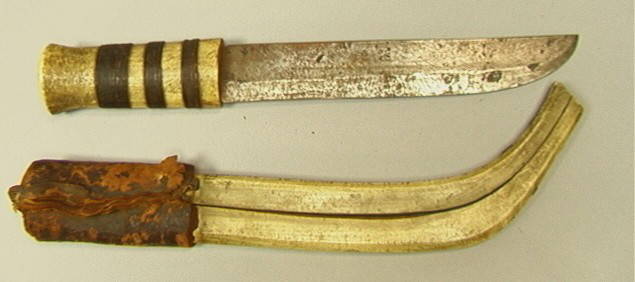 Ethnic Bone Dagger In Sheath. Metal Rapped Handl