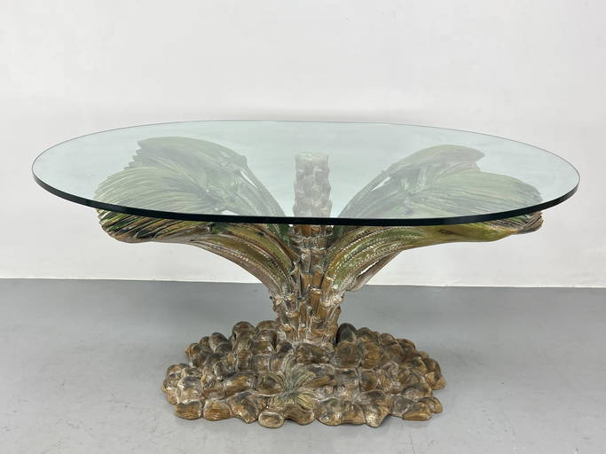 Italian Carved Wood Palm Tree Base Dining Table. Oval Glass Top.