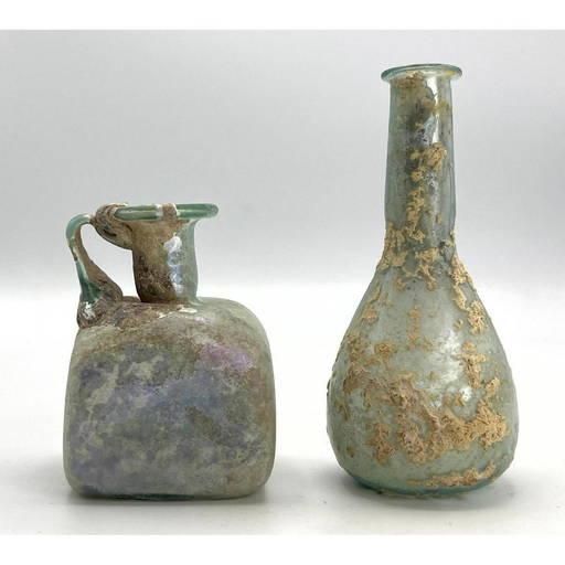2pc light silvery green Ancient Roman glass handled jug and vase ...