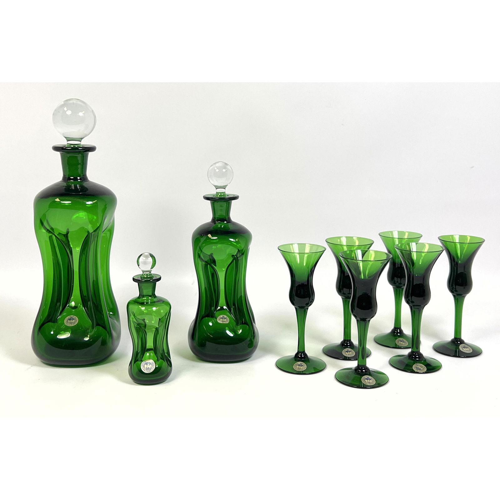 9pc Green Glass KASTRUP HOLMEGAARD Drink Set. Three Decanters. Six Tall Stem Glasses. Danish ...