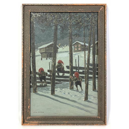 EMIL BIORN born 1864 Painting on board elves on fence at night (#0473 ...