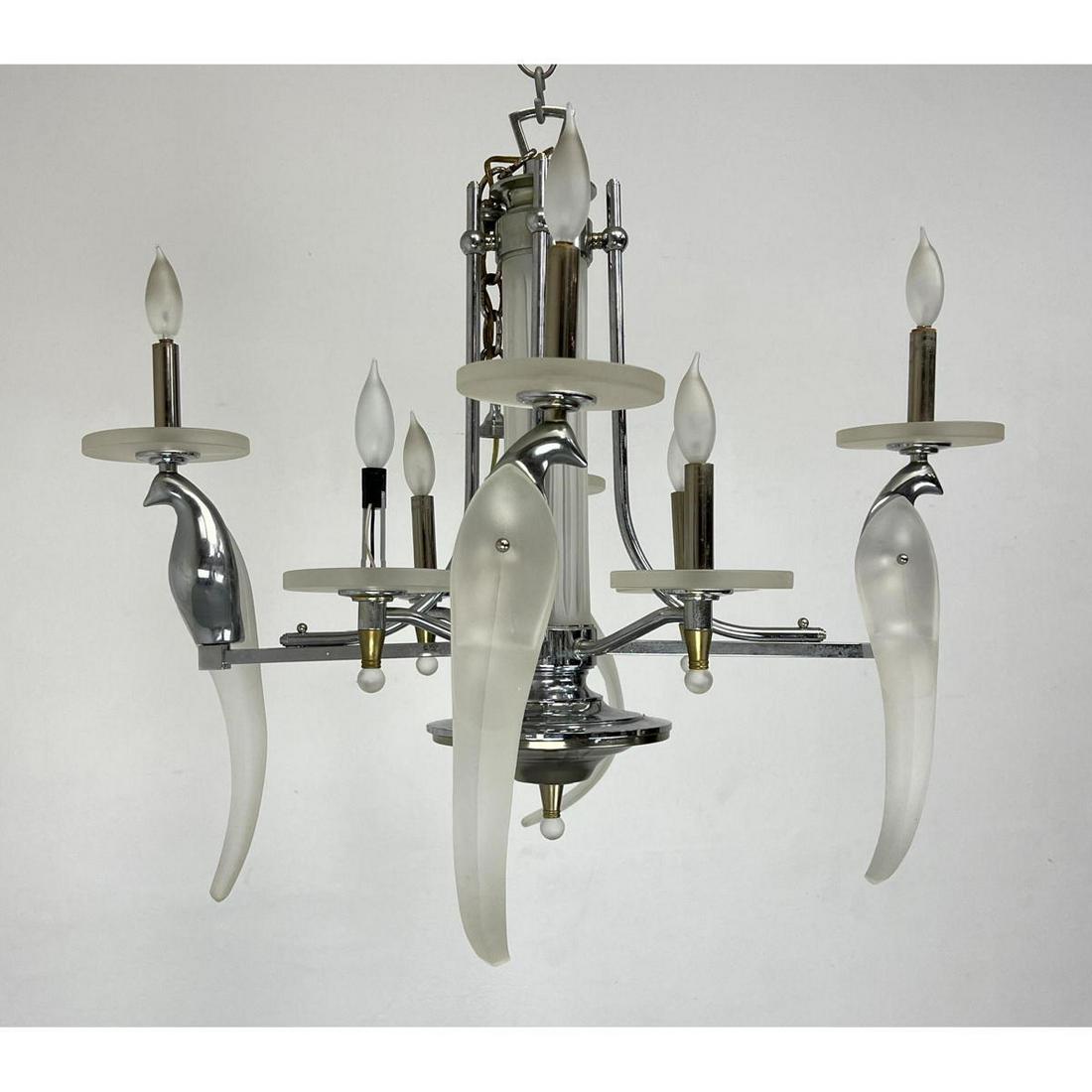 SERGIO OROZCO Bird of Paradise Chandelier. Frosted Glass Tail Feather on Chrome Bird Bodies ...